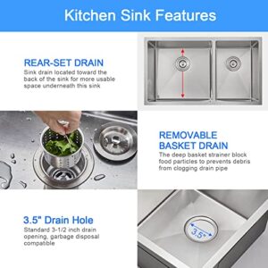 ROVOGO 33x19x9 in. Undermount 60/40 Double Bowl Kitchen Sink, Stainless Steel Sink Deep Handmade 2 Offset Basin with Basket Strainer, Brushed