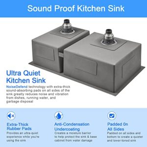 ROVOGO 33x19x9 in. Undermount 60/40 Double Bowl Kitchen Sink, Stainless Steel Sink Deep Handmade 2 Offset Basin with Basket Strainer, Brushed