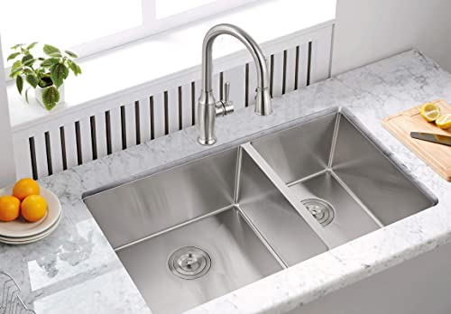 ROVOGO 33x19x9 in. Undermount 60/40 Double Bowl Kitchen Sink, Stainless Steel Sink Deep Handmade 2 Offset Basin with Basket Strainer, Brushed