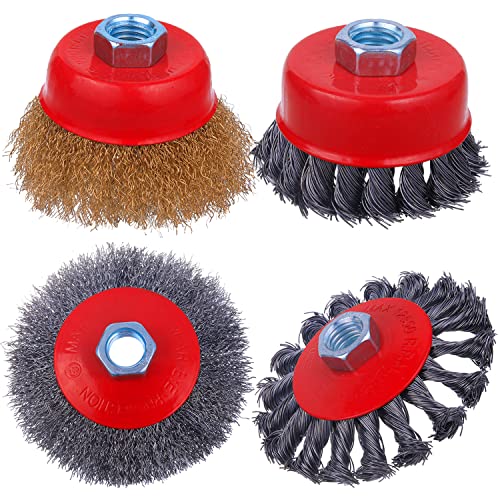 SHITIME 4 Inch Wire Wheel Cup Brush Set, Coarse Twisted Knotted Wire Wheel for Angle Grinder, 5/8 Inch-11 Threaded Arbor, 0.020" Carbon Steel Wire Brush for Grinder, Deep Sanding Heavy Rust, Paint