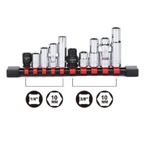 CASOMAN 10Pcs Impact Socket & Flex Socket Set, 1/4" & 3/8" Dr., 6-Point, 10mm, Metric, Include Magnetic impacet Socket, Storage Rail