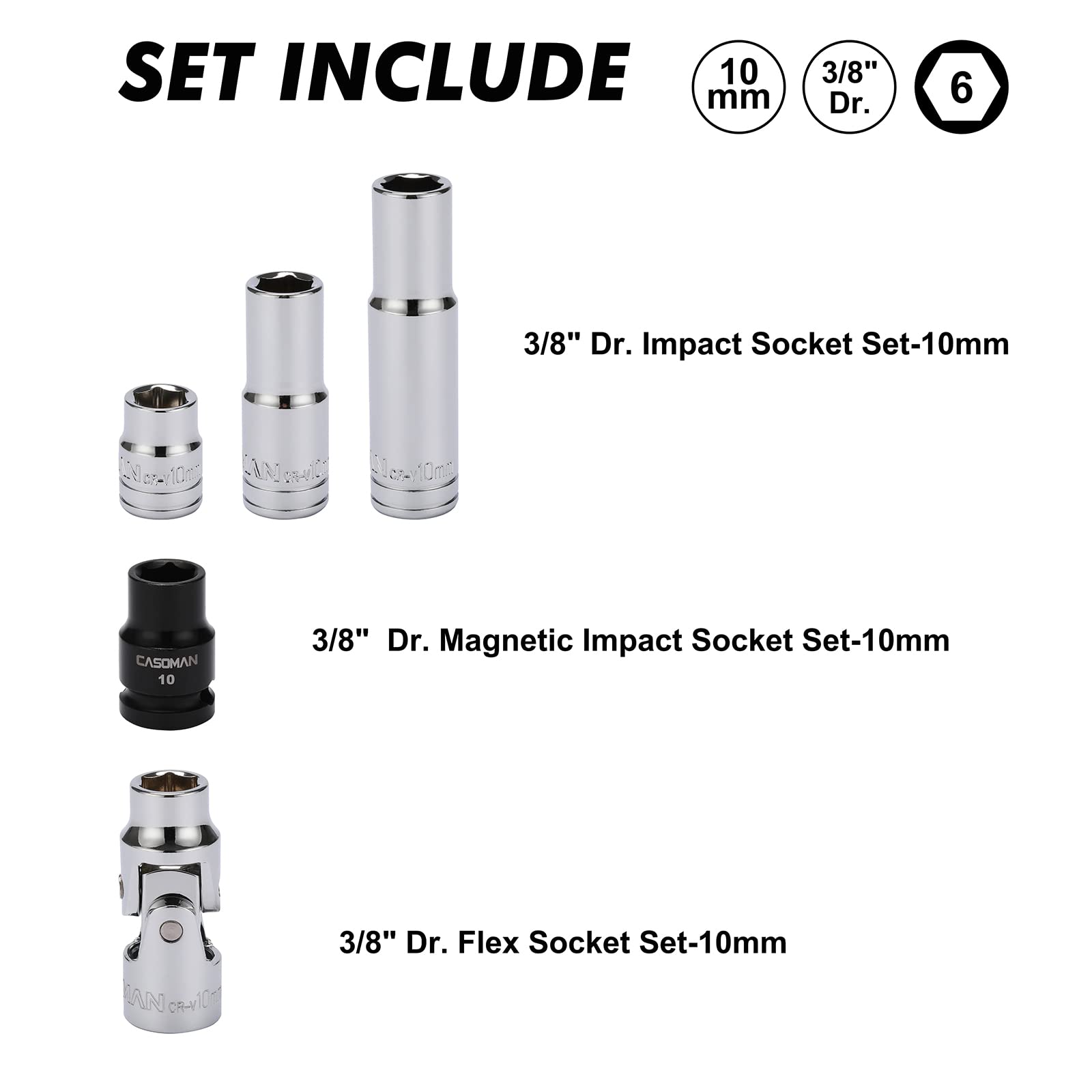 CASOMAN 10Pcs Impact Socket & Flex Socket Set, 1/4" & 3/8" Dr., 6-Point, 10mm, Metric, Include Magnetic impacet Socket, Storage Rail