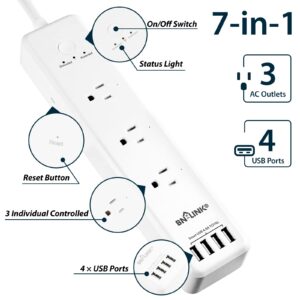 BN-LINK Mini Wireless Remote Control Outlet Switch Power Plug in,6.6FT Extension Cord Flat Plug, White Surge Protector Power Strip with 3AC Outlets 4 USB Ports