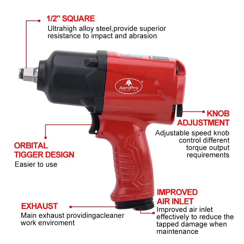 AEROPRO TOOLS INC AEROPRO TOOLS 1/2-Inch Aluminum Air Impact Wrench(A398),Twin Hammer with 1000FT-LB Super Torque with 1/2 Inch Inch Drive Deep Impact Socket Set