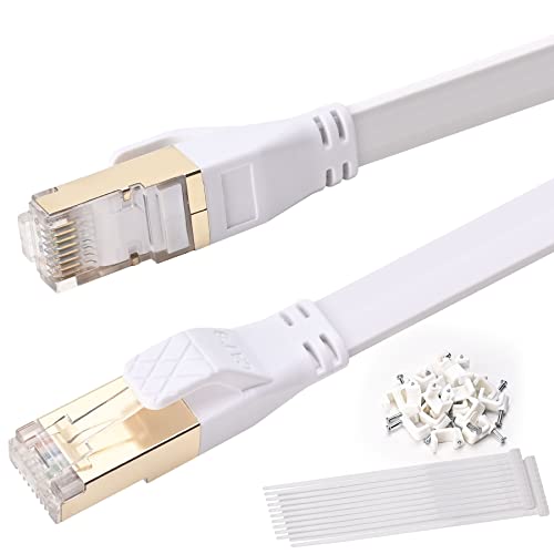 VMUND Cat 8 Ethernet Cable 100 Ft, High Speed Cat8 Flat Internet Cord 100 Foot, Outdoor Shielded Long LAN Network Patch Wire with Rj45 Connectors for Modem Gaming Laptop Computer PC, White