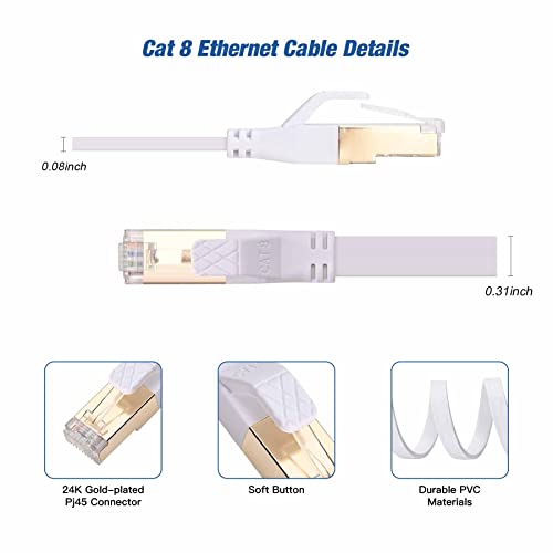 VMUND Cat 8 Ethernet Cable 100 Ft, High Speed Cat8 Flat Internet Cord 100 Foot, Outdoor Shielded Long LAN Network Patch Wire with Rj45 Connectors for Modem Gaming Laptop Computer PC, White