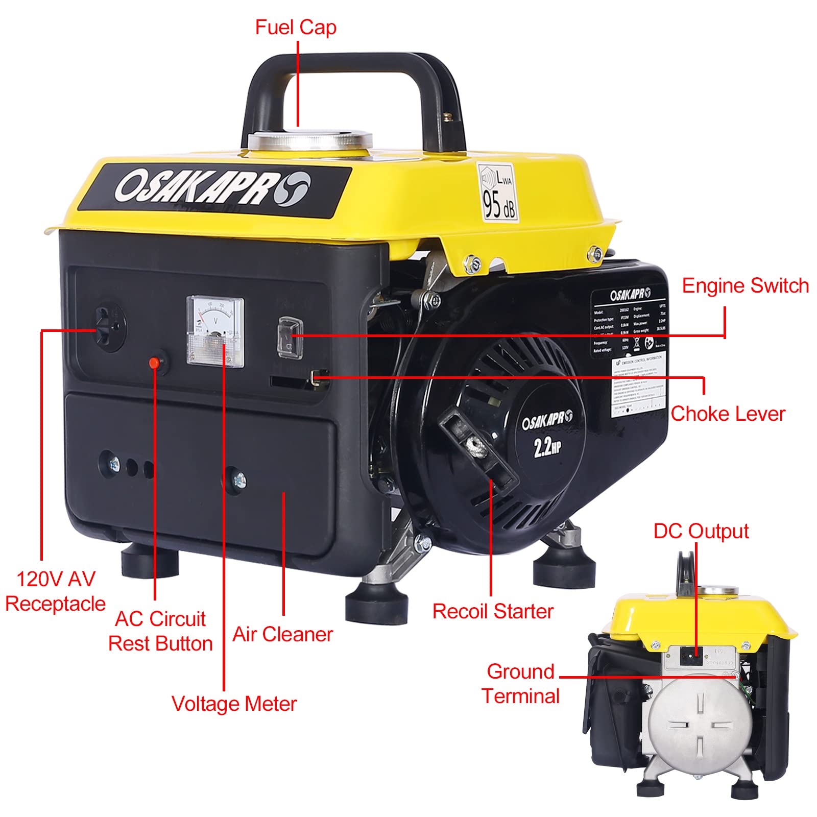 Rophefx Portable Gas Powered Generator 900W Low Noise Outdoor Little Camping Generator for Home Use, Black & Yellow