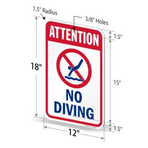 SmartSign Attention No Diving Sign - 2 Pack, 18 x 12 inch, Pool Sign, 2mm Aluminum Composite, Pre-Drilled Holes, Red/Blue on White