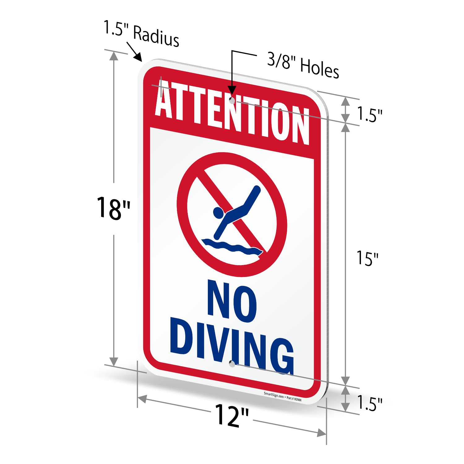 SmartSign Attention No Diving Sign - 2 Pack, 18 x 12 inch, Pool Sign, 2mm Aluminum Composite, Pre-Drilled Holes, Red/Blue on White