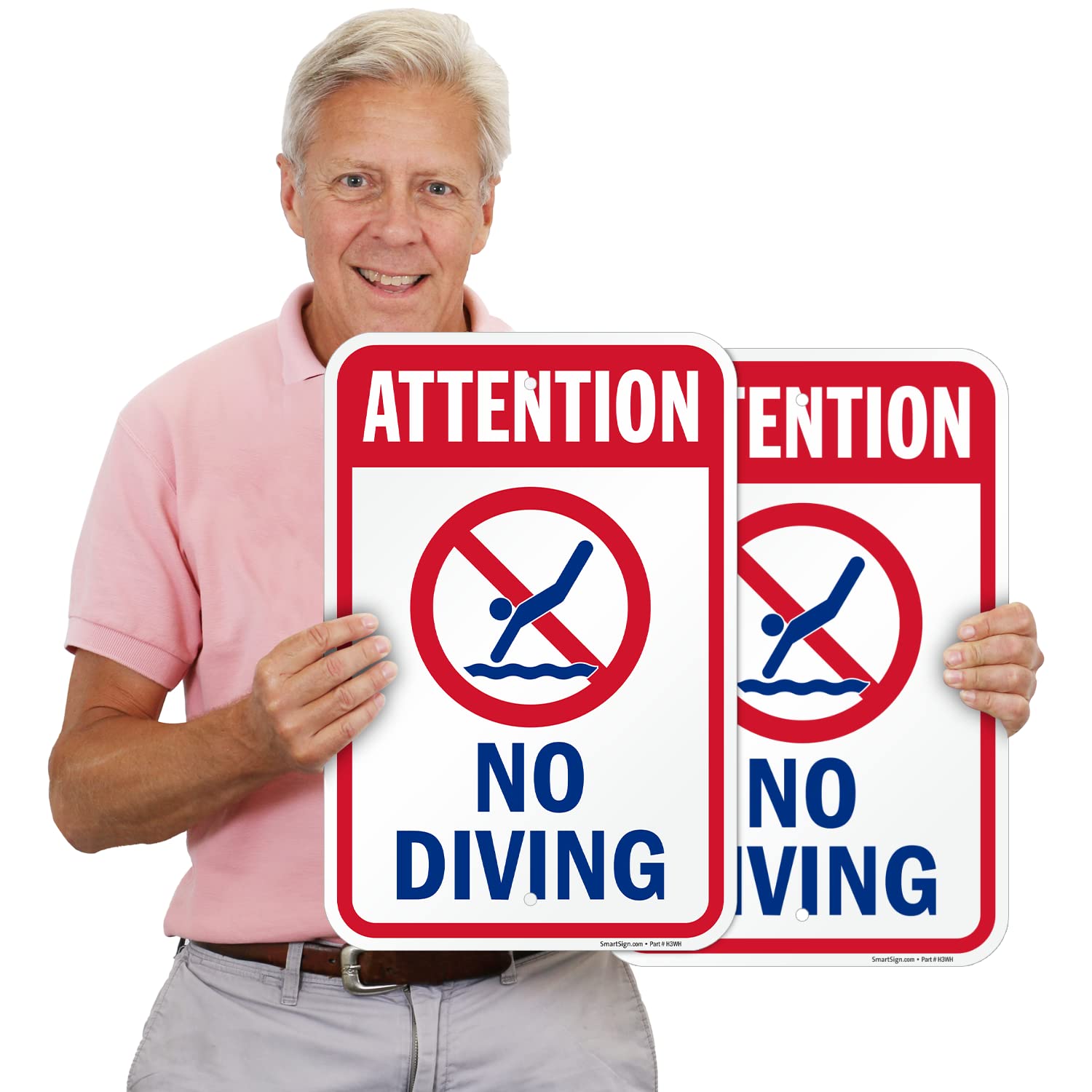 SmartSign Attention No Diving Sign - 2 Pack, 18 x 12 inch, Pool Sign, 2mm Aluminum Composite, Pre-Drilled Holes, Red/Blue on White