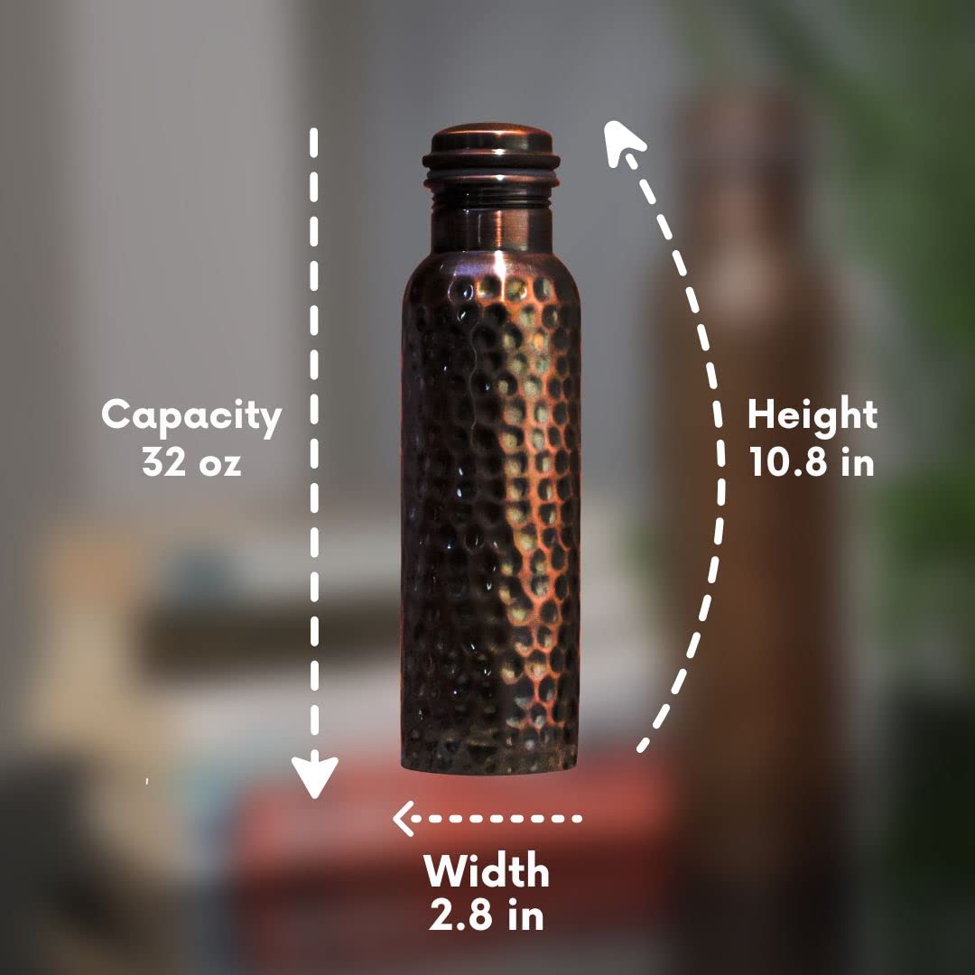 Craft Trade Ayurveda Copper Water Bottle for Drinking 32oz Antique Black Pure Copper Water Bottle Pitcher Travel Water Bottle for Gym,Office, Hiking, Outdoor -Ayurvedic Hammered Water Bottle with Lid