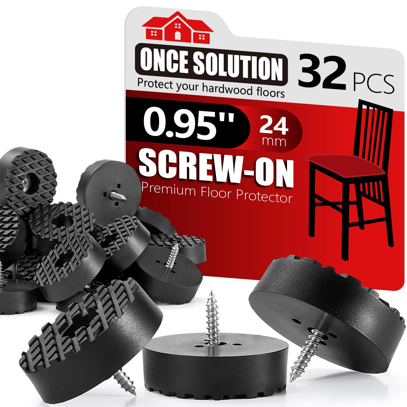 Screw-On Rubber Feet for Furniture - 32PCS Floor Protector for Chair Leg - 0.95" Sturdy Feet for Cutting Board Non Slip - Black Furniture Pad for Hardwood Floor - Durable Furniture Rubber Bumper