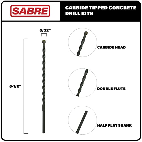 Sabre Tools 5/32 Inch x 5-1/2 Inch Masonry Drill Bit, 10-Pack Concrete Drill Bit, Carbide Tipped for Concrete, Brick, Stone, Half Flat Shank, Impact Performance (5/32" x 5.5", 10)