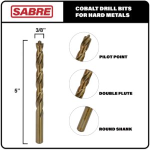 Sabre Tools 3/8 Inch Cobalt Drill Bits – 5pcs Drill Bits for Metal, M35 Cobalt Metal Drill Bit Set, Pilot Point Cobalt Drill Bits – Heavy-Duty Drill Bits for Steel, Hard Metal, Cast Iron (3/8" x 5")