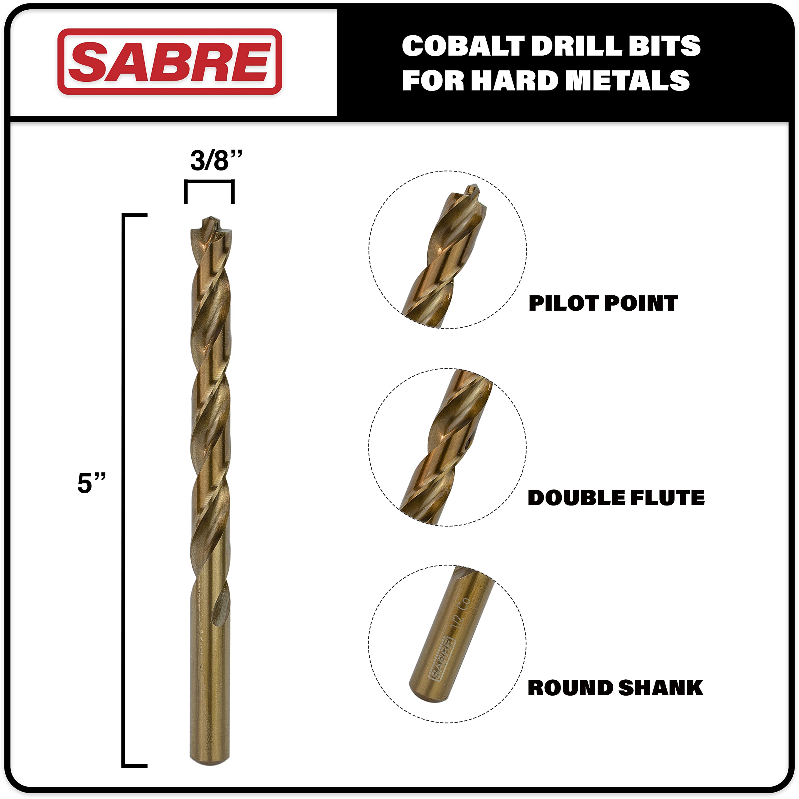 Sabre Tools 3/8 Inch Cobalt Drill Bits – 5pcs Drill Bits for Metal, M35 Cobalt Metal Drill Bit Set, Pilot Point Cobalt Drill Bits – Heavy-Duty Drill Bits for Steel, Hard Metal, Cast Iron (3/8" x 5")