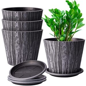 jofamy thickened 8 inch plant pots, 4-pack sturdy plastic planter with drainage holes & saucers, large tree texture pattern indoor flower pots & outdoor plants decorative