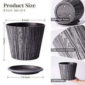 JOFAMY Thickened 8 Inch Plant Pots, 4-Pack Sturdy Plastic Planter with Drainage Holes & Saucers, Large Tree Texture Pattern Indoor Flower Pots & Outdoor Plants Decorative