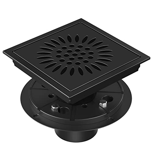 EXF Square Shower Floor Drain 6 Inch Matte Black, Stainless Steel Shower Drain Kit with Flange, Removable Floral Pattern Drain Cover, Hair Strainer