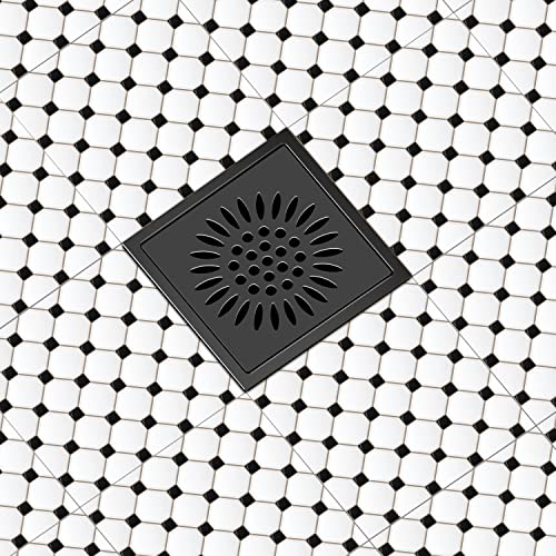 EXF Square Shower Floor Drain 6 Inch Matte Black, Stainless Steel Shower Drain Kit with Flange, Removable Floral Pattern Drain Cover, Hair Strainer