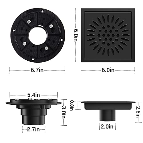 EXF Square Shower Floor Drain 6 Inch Matte Black, Stainless Steel Shower Drain Kit with Flange, Removable Floral Pattern Drain Cover, Hair Strainer