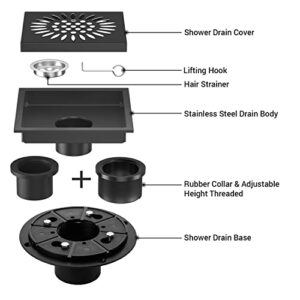 EXF Square Shower Floor Drain 6 Inch Matte Black, Stainless Steel Shower Drain Kit with Flange, Removable Floral Pattern Drain Cover, Hair Strainer