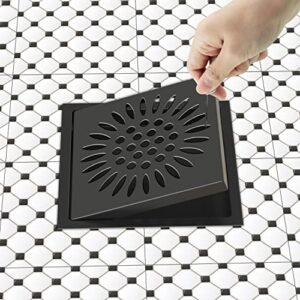 EXF Square Shower Floor Drain 6 Inch Matte Black, Stainless Steel Shower Drain Kit with Flange, Removable Floral Pattern Drain Cover, Hair Strainer