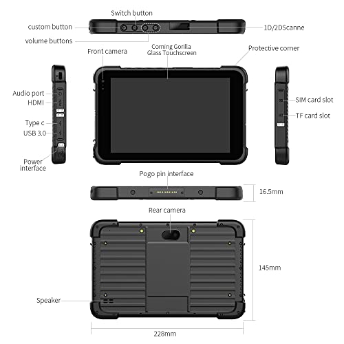 ThinKol 8" Industrial Rugged Tablet for Enterprise Mobile Field Work, Rugged Touchscreen Tablet with NFC, GPS, WiFi, IP67, 1D Scanner, Car Holder, Docking Charger (Android 4GB 64GB)