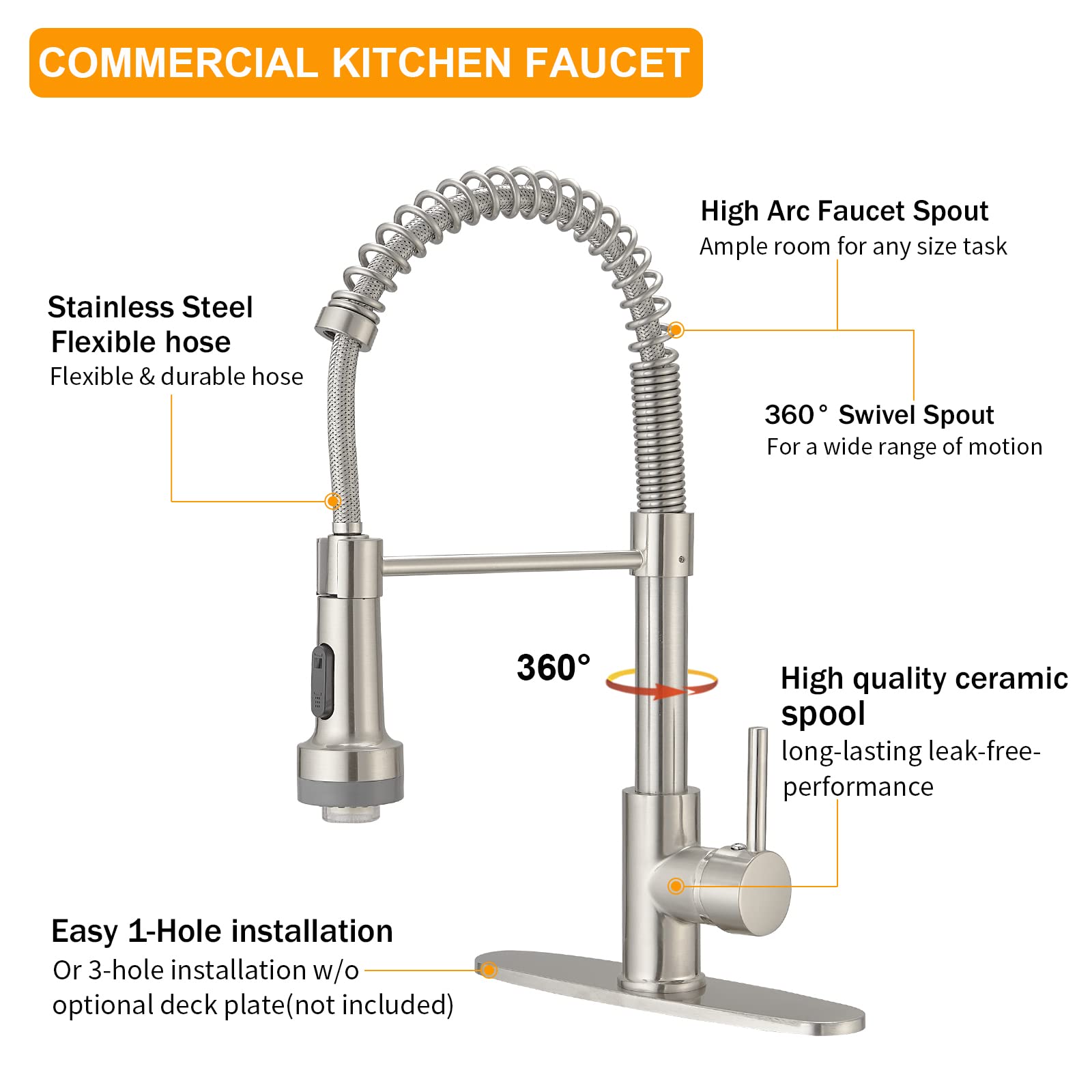 Hoimpro Brushed Nickel Single Handle Kitchen Faucet with Pull Down Sprayer, 2-Function, 360-degree Rotation, Brass, Single or 3 Hole