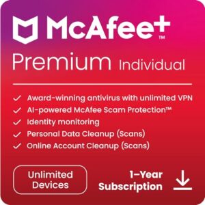 mcafee+ premium individual plan, 2024 ready | unlimited devices | identity and privacy protection software includes unlimited secure vpn, identity monitoring, password manager and antivirus | download