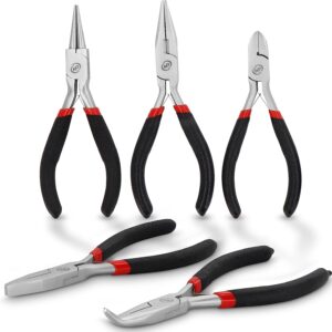 Premium Needle Nose Pliers Set – 5Pcs Anti-slip Comfort Grip Small Pliers Set - Round Nose, Toothless Needle Nose, Flat Nose, Diagonal & Toothed Needle Nose Pliers for Jewelry Making - By MaxoPro