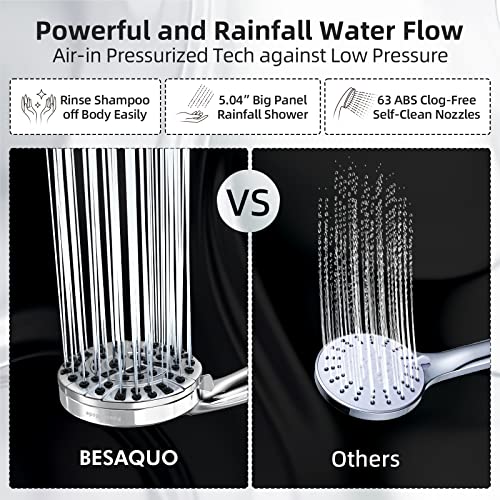 BESAQUO Shower Head,10 Functions High Pressure shower head with handheld, Built-in Pause Mode & 2 Power Wash, Non-Clogging Nozzles High Flow Hand Held, Leakproof 6.5ft Hose&Metal Bracket