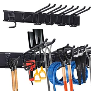 garage tool storage rack, 32 inch adjustable garage organizer wall mounted 8 pcs garage storage with 6 hooks, super heavy duty garden tool hanger for shovels, rake shovel yard tools，hold up to 300lbs