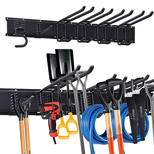 Garage Tool Storage Rack, 32 Inch Adjustable Garage Organizer Wall Mounted 8 PCS Garage Storage with 6 Hooks, Super Heavy Duty Garden Tool Hanger for Shovels, Rake Shovel Yard Tools，Hold Up to 300lbs