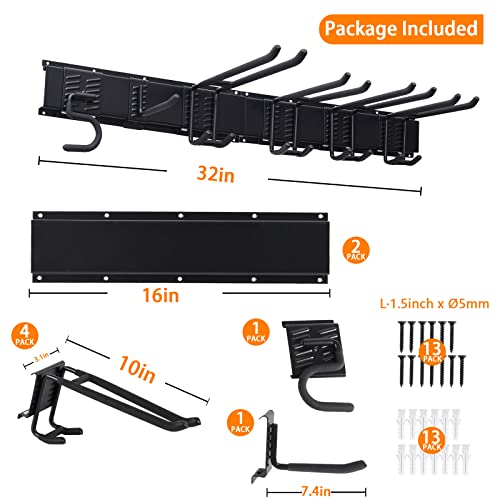 Garage Tool Storage Rack, 32 Inch Adjustable Garage Organizer Wall Mounted 8 PCS Garage Storage with 6 Hooks, Super Heavy Duty Garden Tool Hanger for Shovels, Rake Shovel Yard Tools，Hold Up to 300lbs