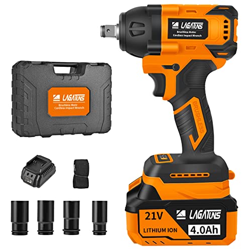 Cordless Impact Wrench,450NM(332ft·lbs) High Torque ，Brushless Motor，1/2 inch impact gun with a 4.0Ah Li-Ion Battery, Suitable for family cars…