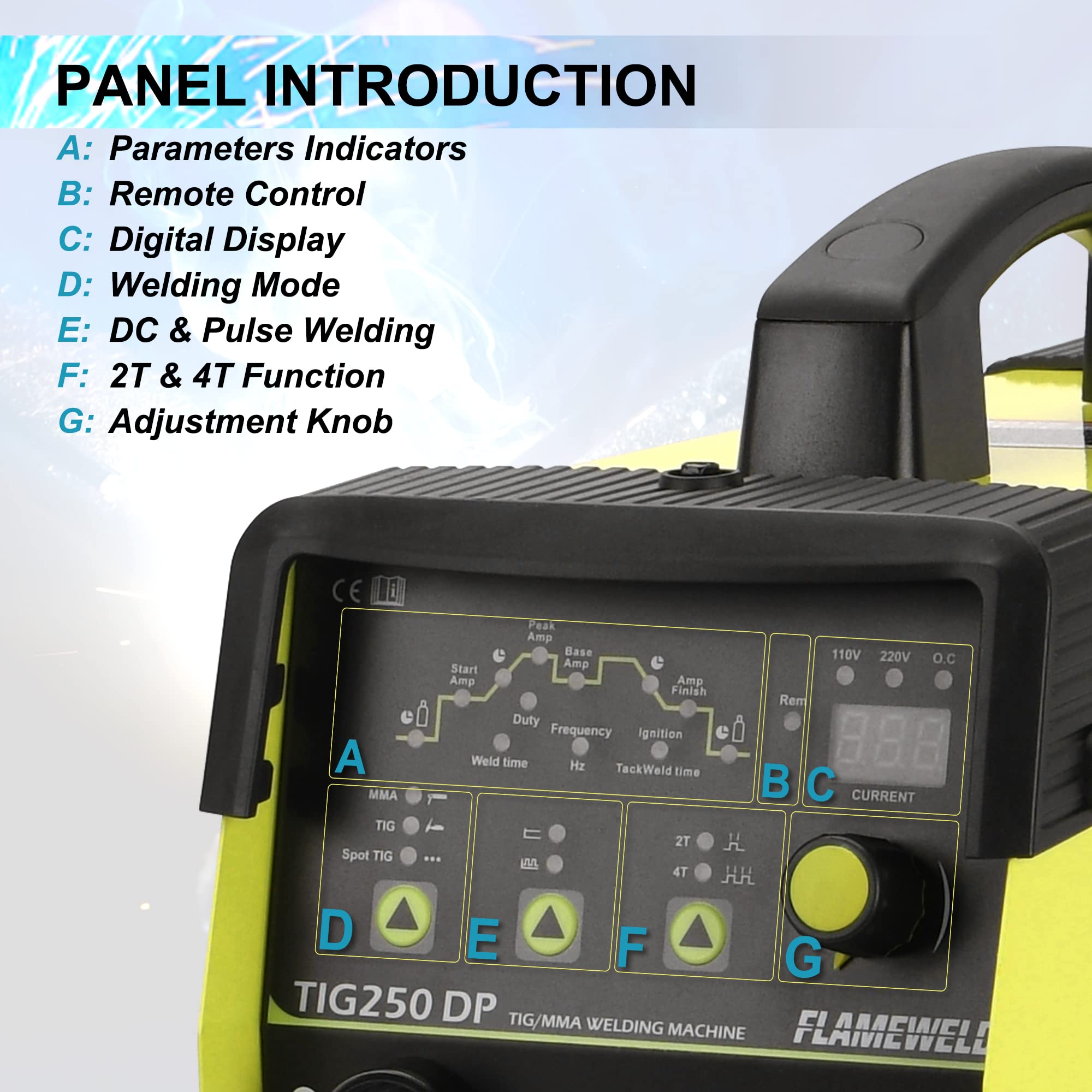 Flameweld Tig Welder Machine - TIG250DP 250Amps HF TIG/Spot TIG/Pulse TIG/MMA TIG Welder with IGBT Inverter, 110V/220V Dual Voltage Welding Machine