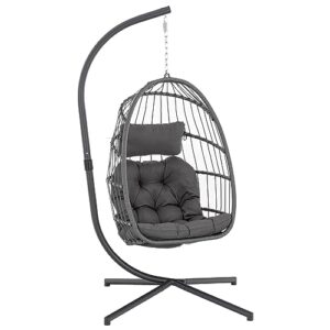 yechen indoor outdoor egg hanging chair with stand, patio wicker swing egg chair indoor swinging chair outdoor hammock egg chair 350lbs capacity for patio bedroom balcony, charcoal grey (eg-001)