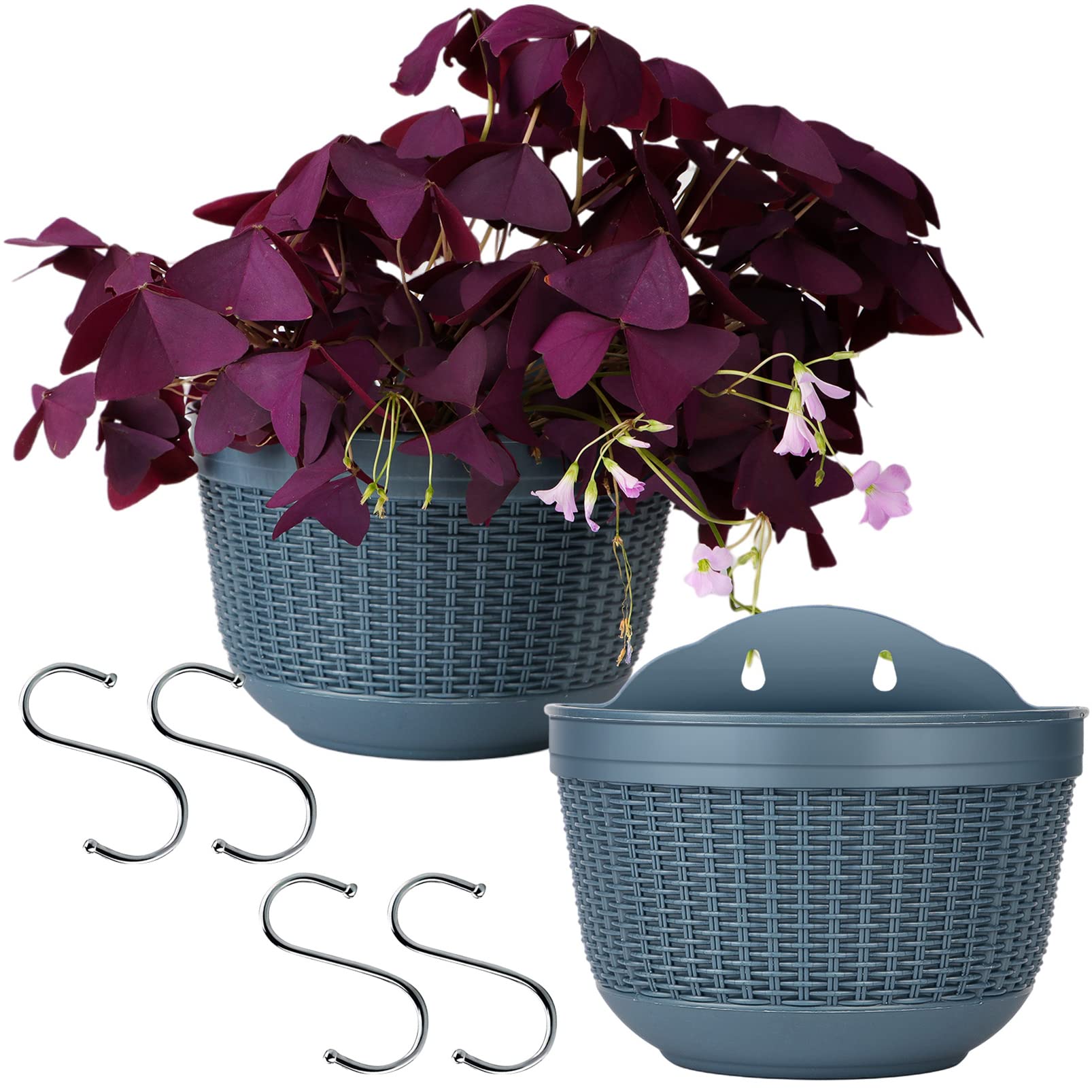 LAOJU Wall Hanging Planters Railing Hanging Planters, 2PCS Plastic Plants Pot Wall Mounted Hanging Basket Fence Flower Pots Plants Container with Hooks for Porch Railings Garden Balcony Patio