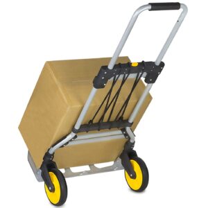 Mount-It! Folding Hand Truck and Dolly, 264 Lb Capacity Heavy-Duty Luggage Trolley Cart with Telescoping Handle and Rubber Wheels, Silver, Black, Yellow