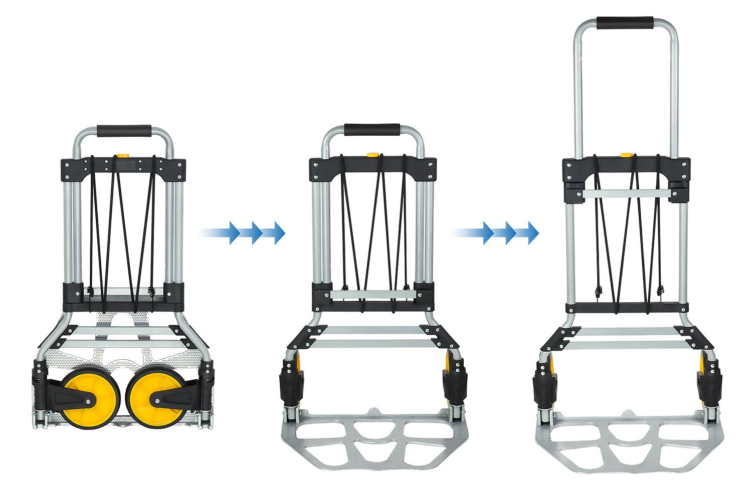 Mount-It! Folding Hand Truck and Dolly, 264 Lb Capacity Heavy-Duty Luggage Trolley Cart with Telescoping Handle and Rubber Wheels, Silver, Black, Yellow