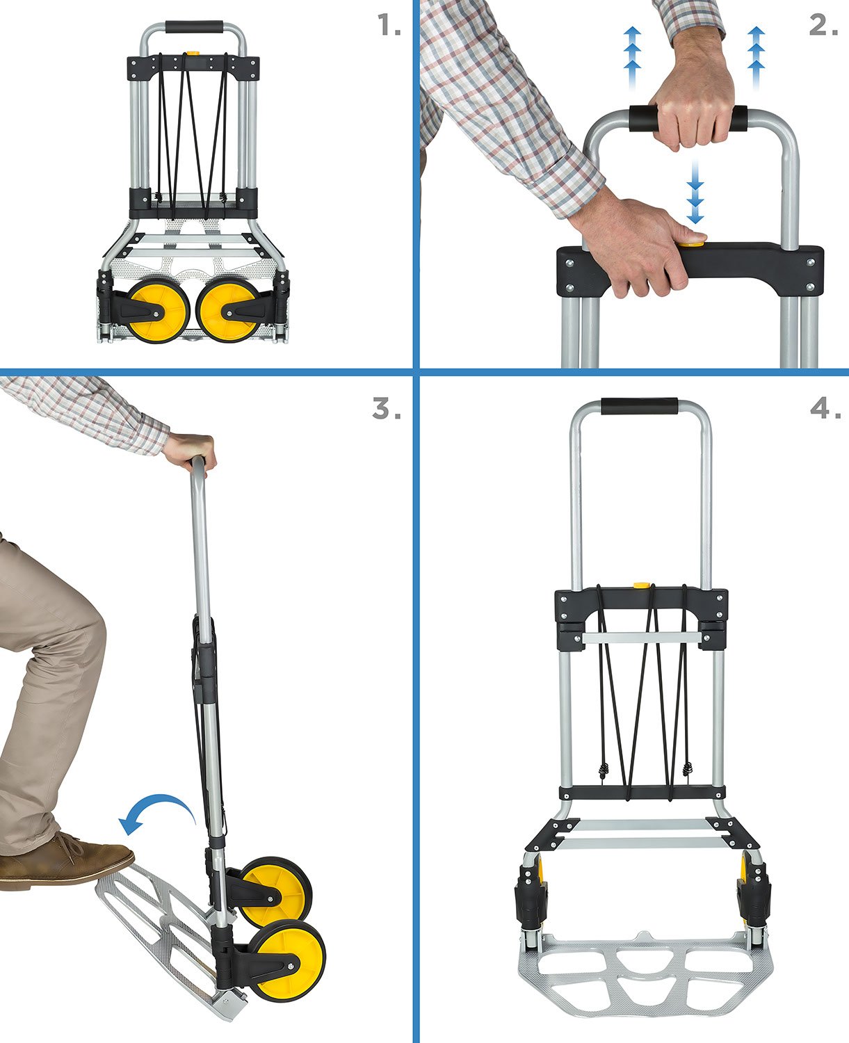 Mount-It! Folding Hand Truck and Dolly, 264 Lb Capacity Heavy-Duty Luggage Trolley Cart with Telescoping Handle and Rubber Wheels, Silver, Black, Yellow