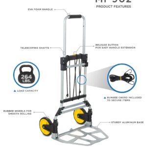 Mount-It! Folding Hand Truck and Dolly, 264 Lb Capacity Heavy-Duty Luggage Trolley Cart with Telescoping Handle and Rubber Wheels, Silver, Black, Yellow