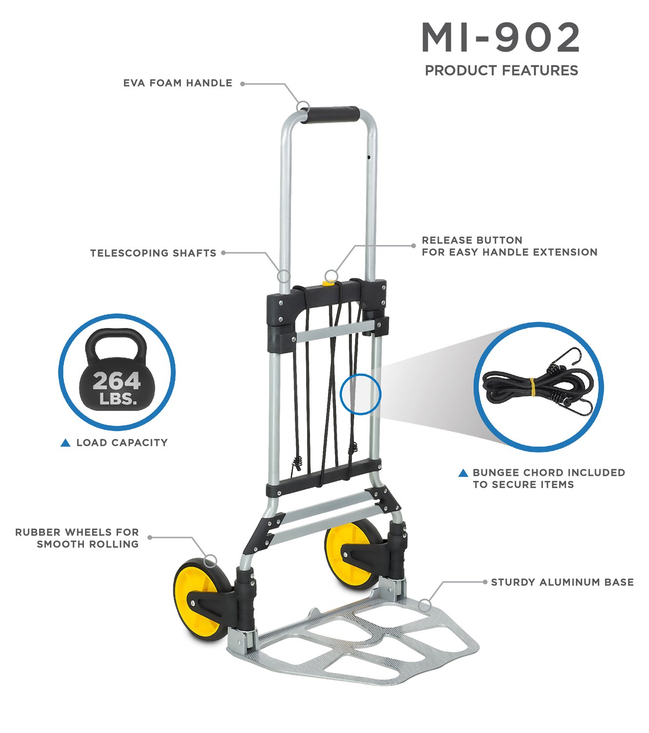 Mount-It! Folding Hand Truck and Dolly, 264 Lb Capacity Heavy-Duty Luggage Trolley Cart with Telescoping Handle and Rubber Wheels, Silver, Black, Yellow