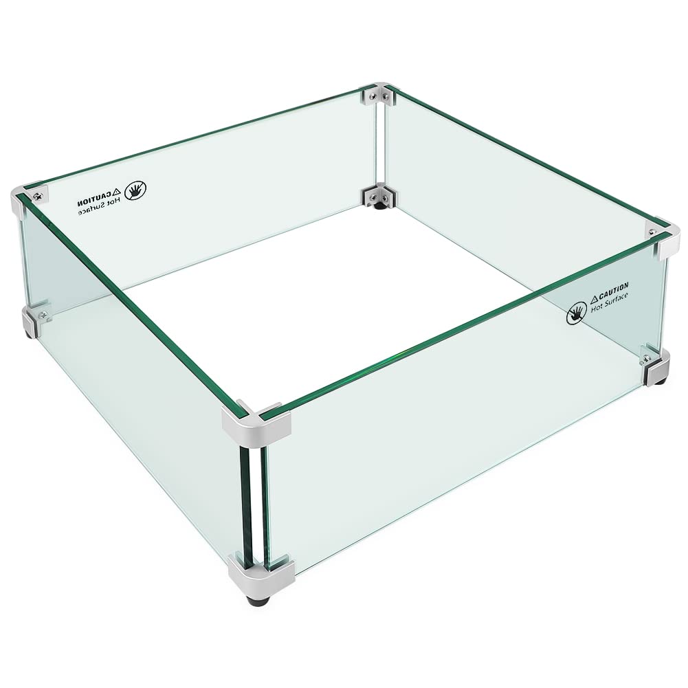 Apromise Fire Pit Wind Guard - 17.5" x 17.5" x 7" Fire Pit Glass Wind Guard for Square Fire Pit Table | 5/16-Inch Thickness Tempered Glass & Hard Aluminum Corner Brackets