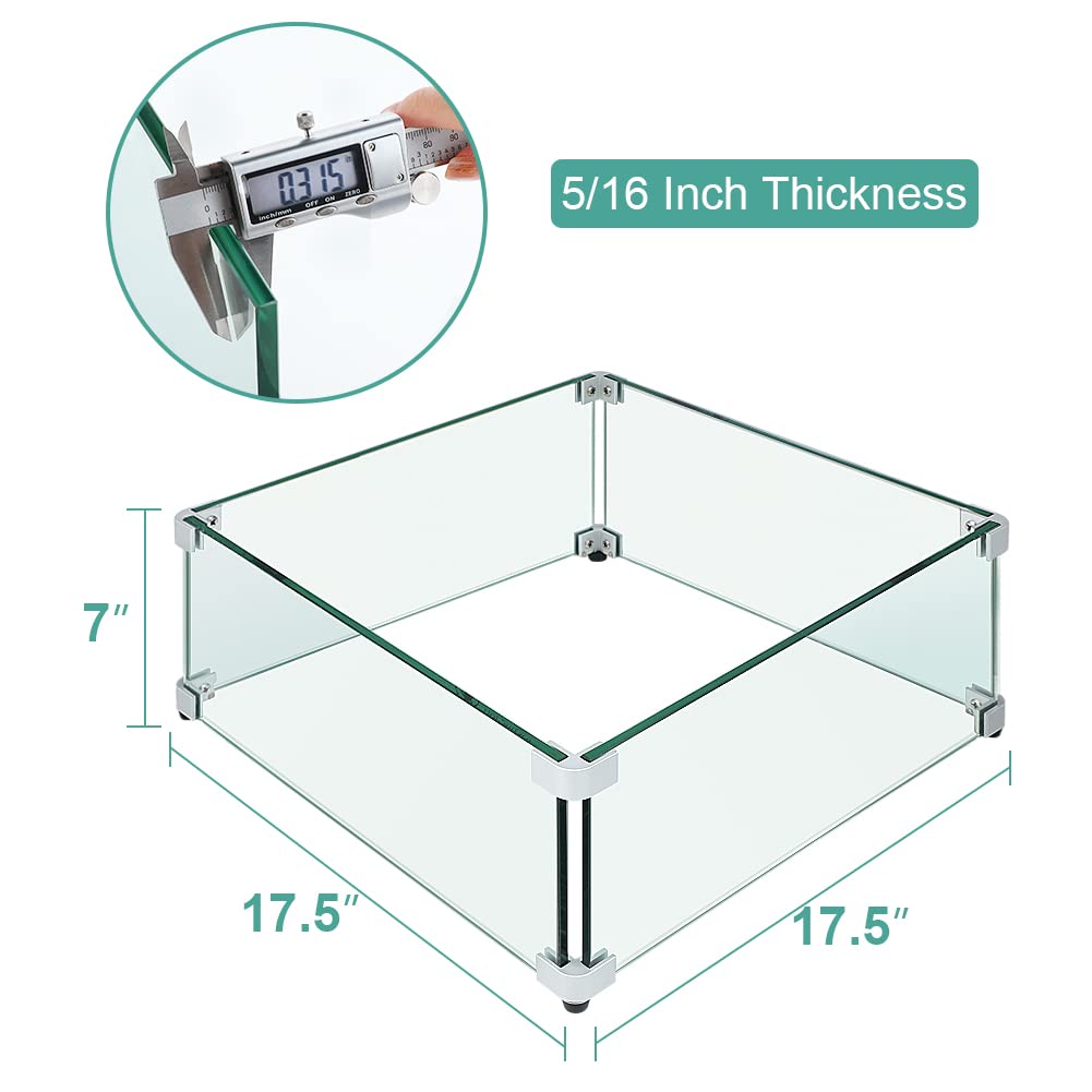 Apromise Fire Pit Wind Guard - 17.5" x 17.5" x 7" Fire Pit Glass Wind Guard for Square Fire Pit Table | 5/16-Inch Thickness Tempered Glass & Hard Aluminum Corner Brackets