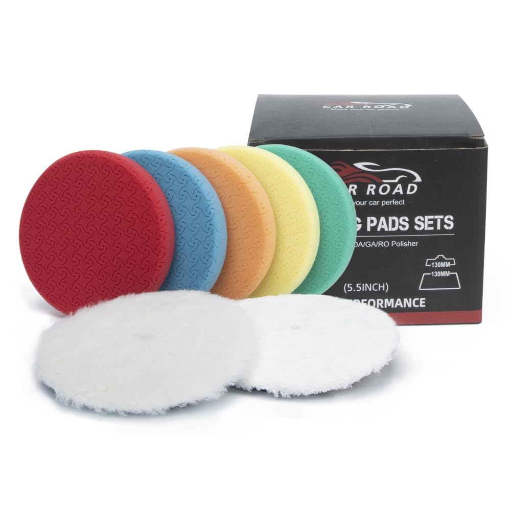 Buffing Polishing Pads 5 Inch, CAR ROAD 7PCs 5.5 Inch Face for 127mm Kit for Car Buffer Polisher Cutting Polishing Pad Kit for Car Buffer Compounding,Polish and Waxing (5 Inch(125mm))