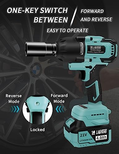 Cordless Impact Wrench,1/2 Impact Gun，850NM(627ft·lbs) High Torque 2200 RPM,Brushless Motor，with a 10C 4.0Ah Li-Ion Battery and Fast Charger，Suitable for family cars，Construction work on site