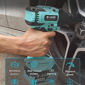 Cordless Impact Wrench,1/2 Impact Gun，850NM(627ft·lbs) High Torque 2200 RPM,Brushless Motor，with a 10C 4.0Ah Li-Ion Battery and Fast Charger，Suitable for family cars，Construction work on site