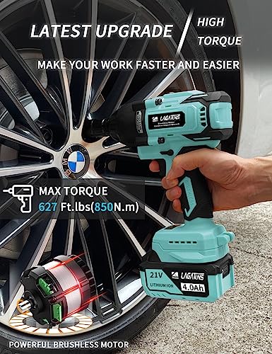 Cordless Impact Wrench,1/2 Impact Gun，850NM(627ft·lbs) High Torque 2200 RPM,Brushless Motor，with a 10C 4.0Ah Li-Ion Battery and Fast Charger，Suitable for family cars，Construction work on site