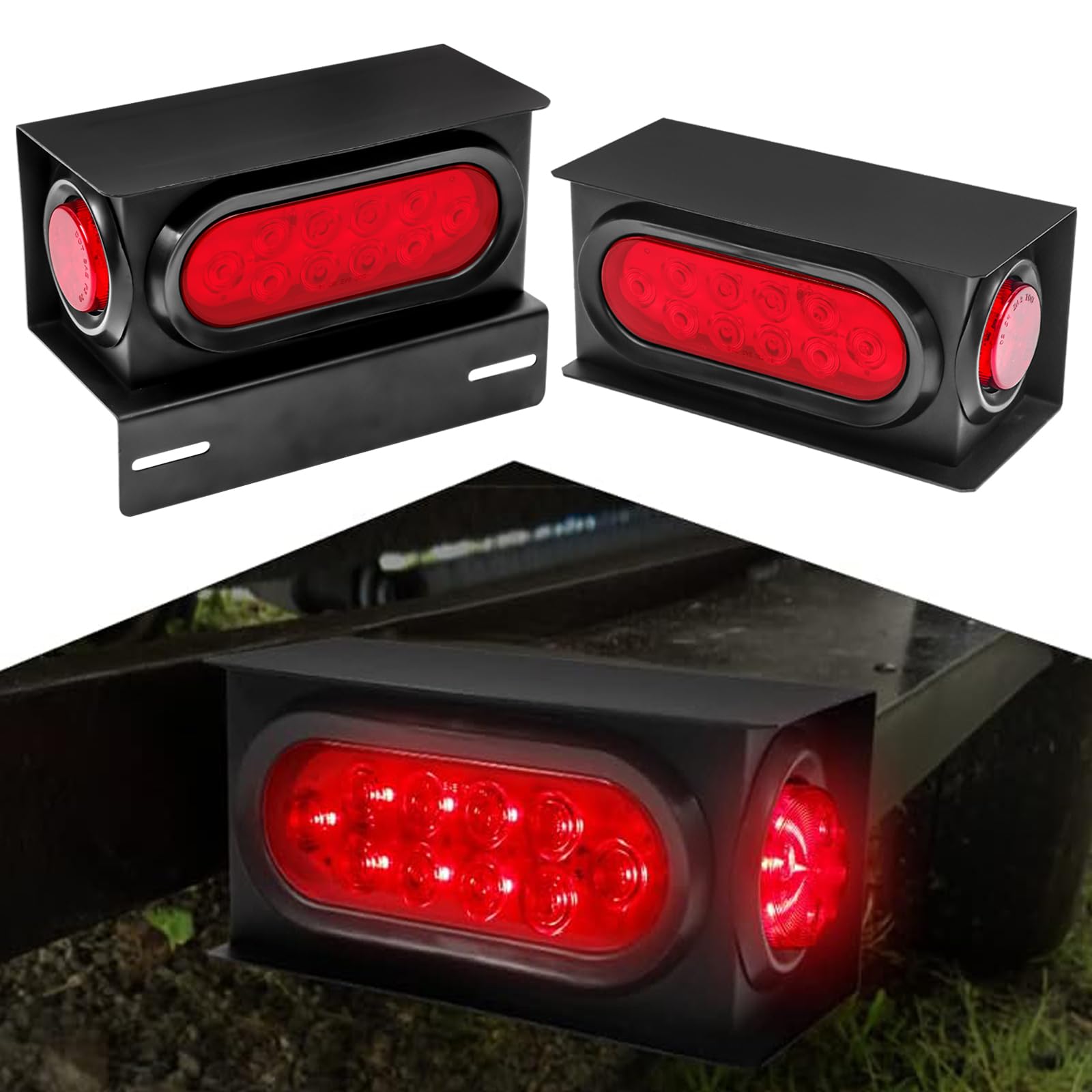 LIMICAR Trailer Lights Welded Mount Steel Boxes Housing Kit w/6 inch LED Oval Tail Lights & 2 inch LED Red Round Side Lights w/Grommets Wire Pigtails Connectors (Pack of 2)